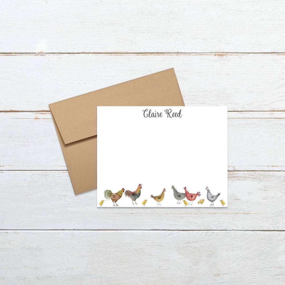 Personalized Farmhouse Chicken Flat Note Cards - Custom Name Stationery ...