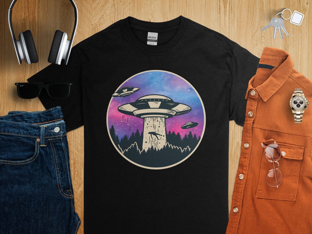 UFO and Alien Spaceship Forest Scene T-shirt, Vintage Sci-fi Graphic ...