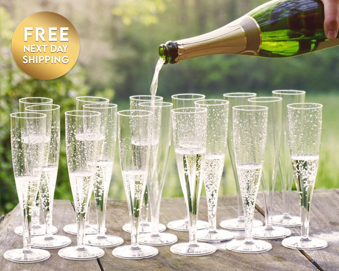 50 X Clear Disposable Plastic Prosecco Flutes 175ml Champagne Glasses ...
