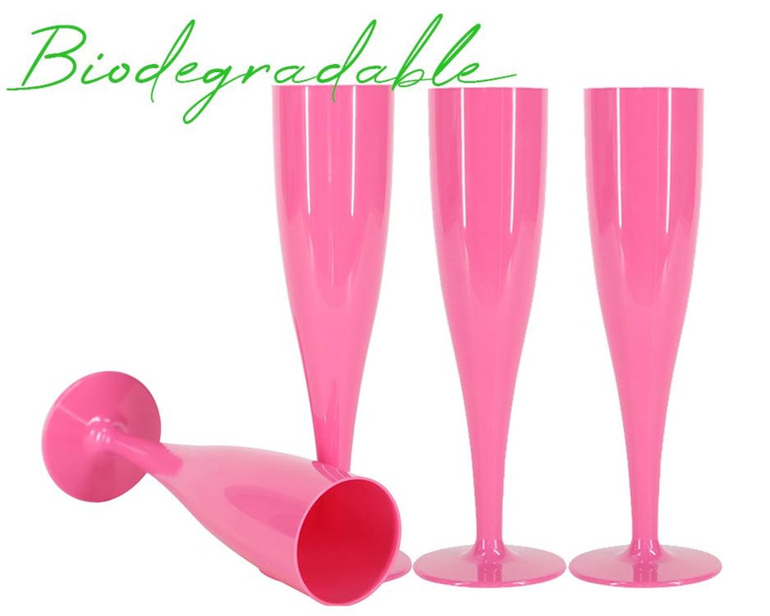 100 X Pink Biodegradable Plastic Prosecco Flutes 175ml Champagne ...