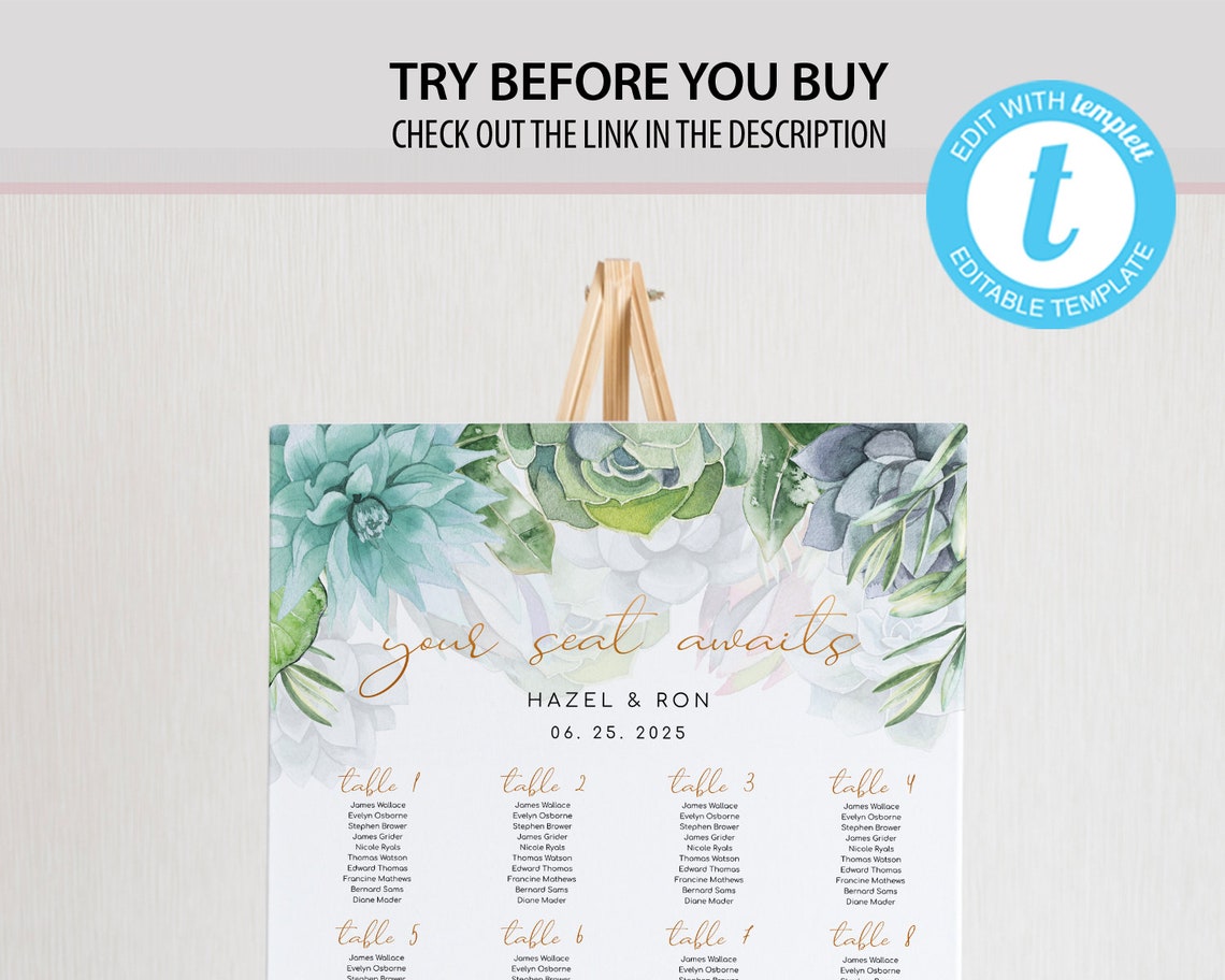 Greenery Seating Chart Template Instant Download Editable - Etsy