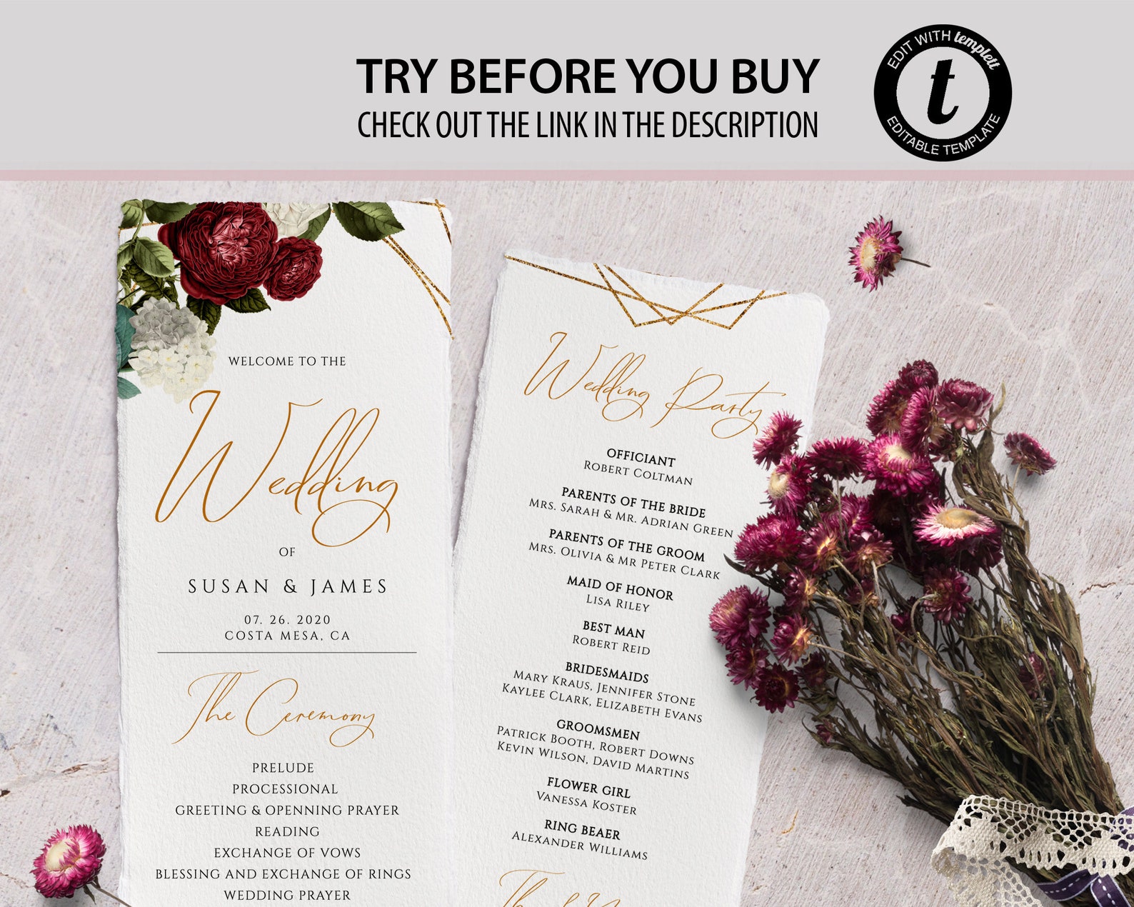 Burgundy Wedding Program Printable Wedding Program Template - Etsy