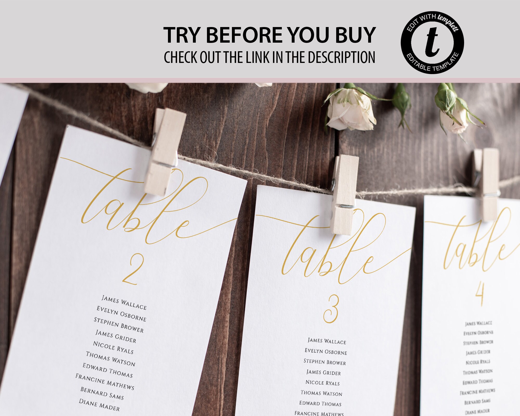 Gold Seating Chart Card Elegant Seating Card Template | Etsy