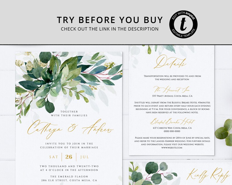 Greenery Gold Wedding Invitation Bundle, Wedding Bundle Template ...