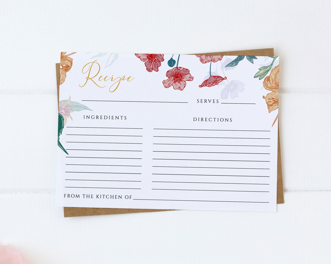 Wild Flowers Recipe Card, Bridal Shower Recipe Card, Instant Download ...