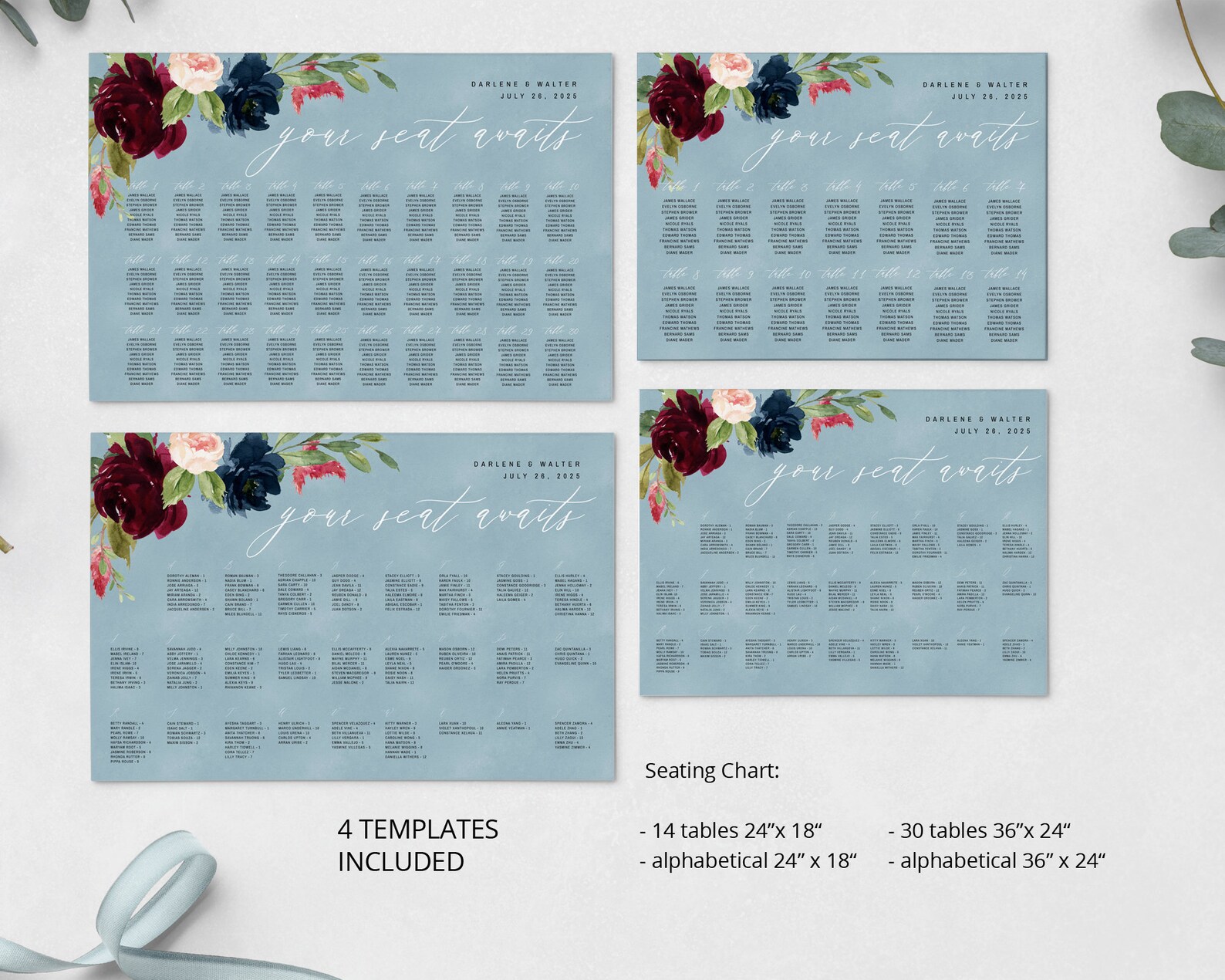 Dusty Blue Burgundy Seating Chart Template Instant Download - Etsy