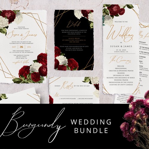 Burgundy Wedding Invitation Instant Download Printable Rose - Etsy