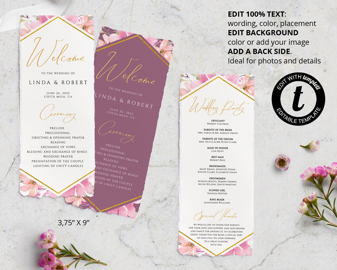Pink Floral Wedding Program, Printable Wedding Program Template ...