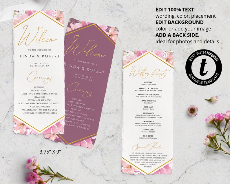 Pink Floral Wedding Program, Printable Wedding Program Template ...