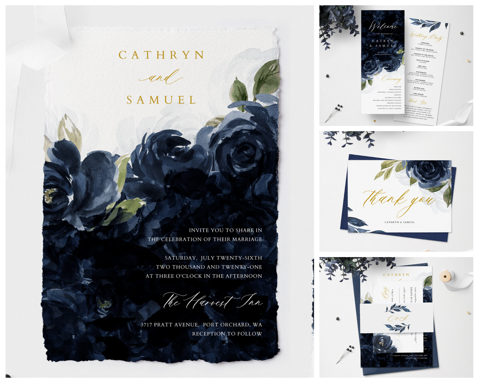 Navy Blue Wedding Invitation Set, Wedding Invitation Bundle Template ...
