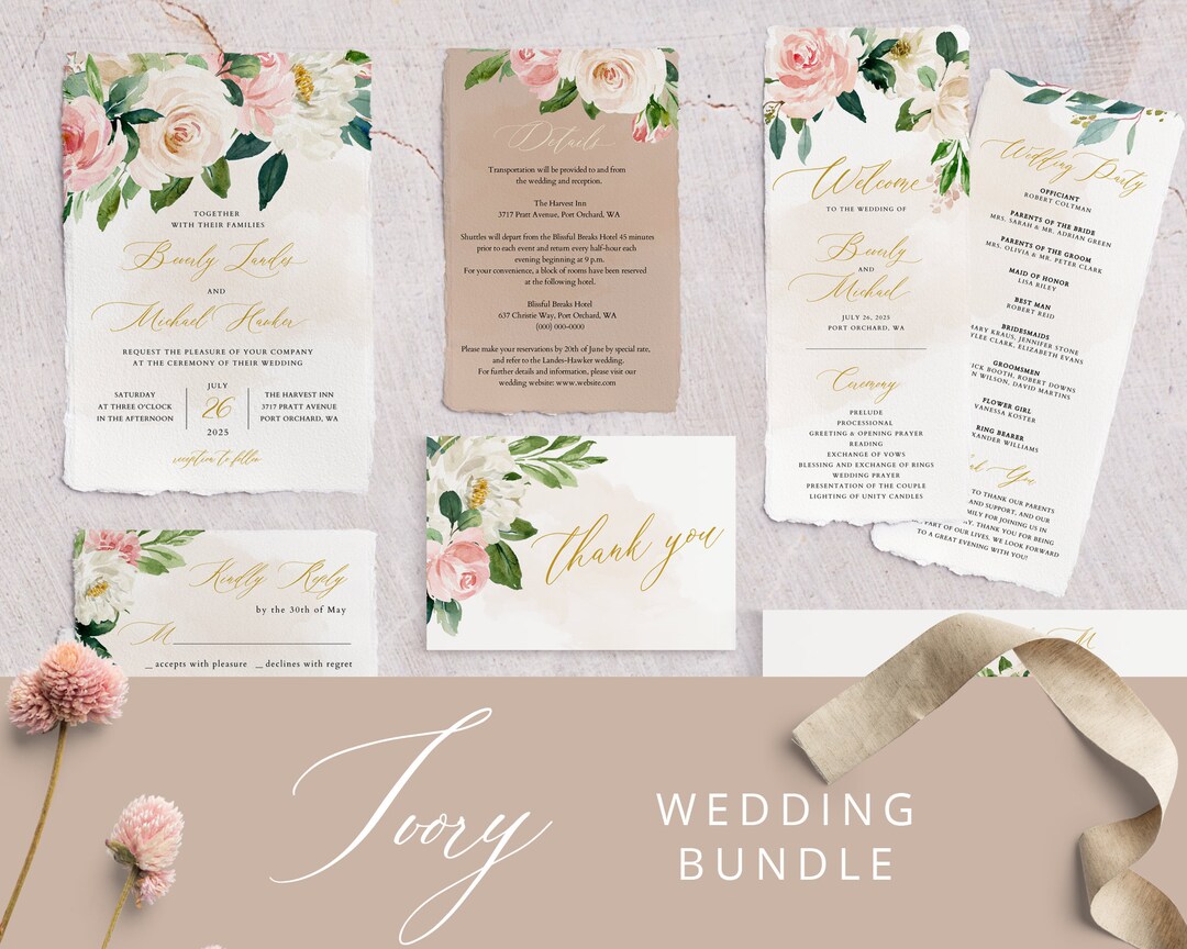 Ivory Blush Wedding Invitation Set, Wedding Invitation Bundle Template ...
