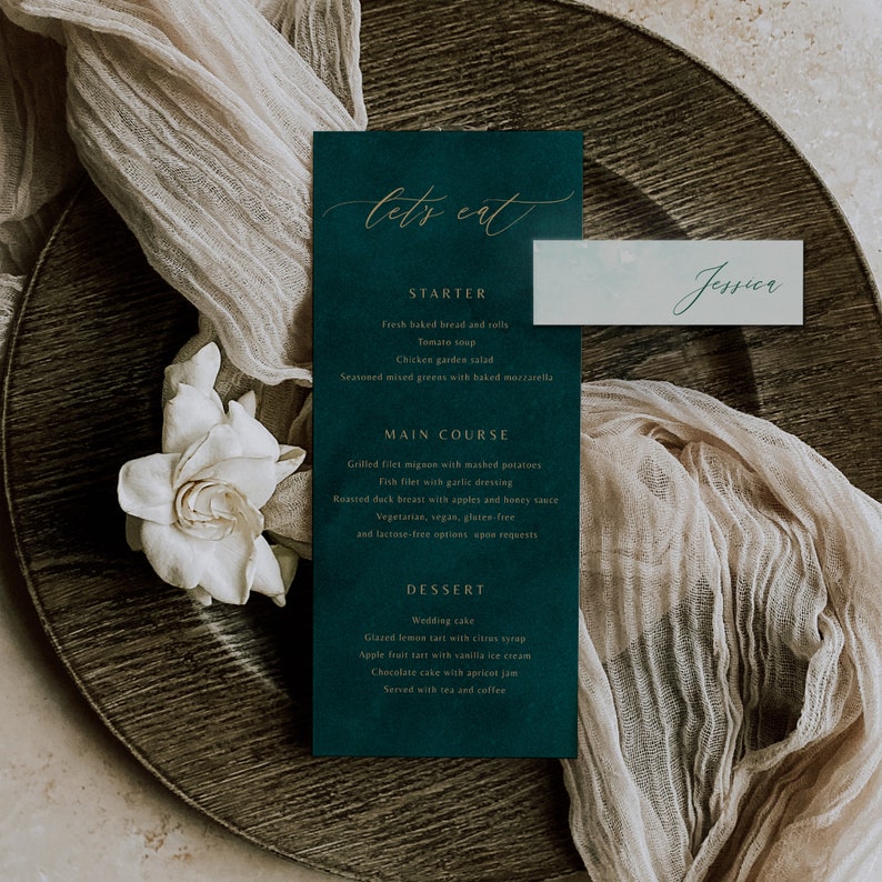 Modern Menu With Place Card Guest Name Tag Emerald Green - Etsy