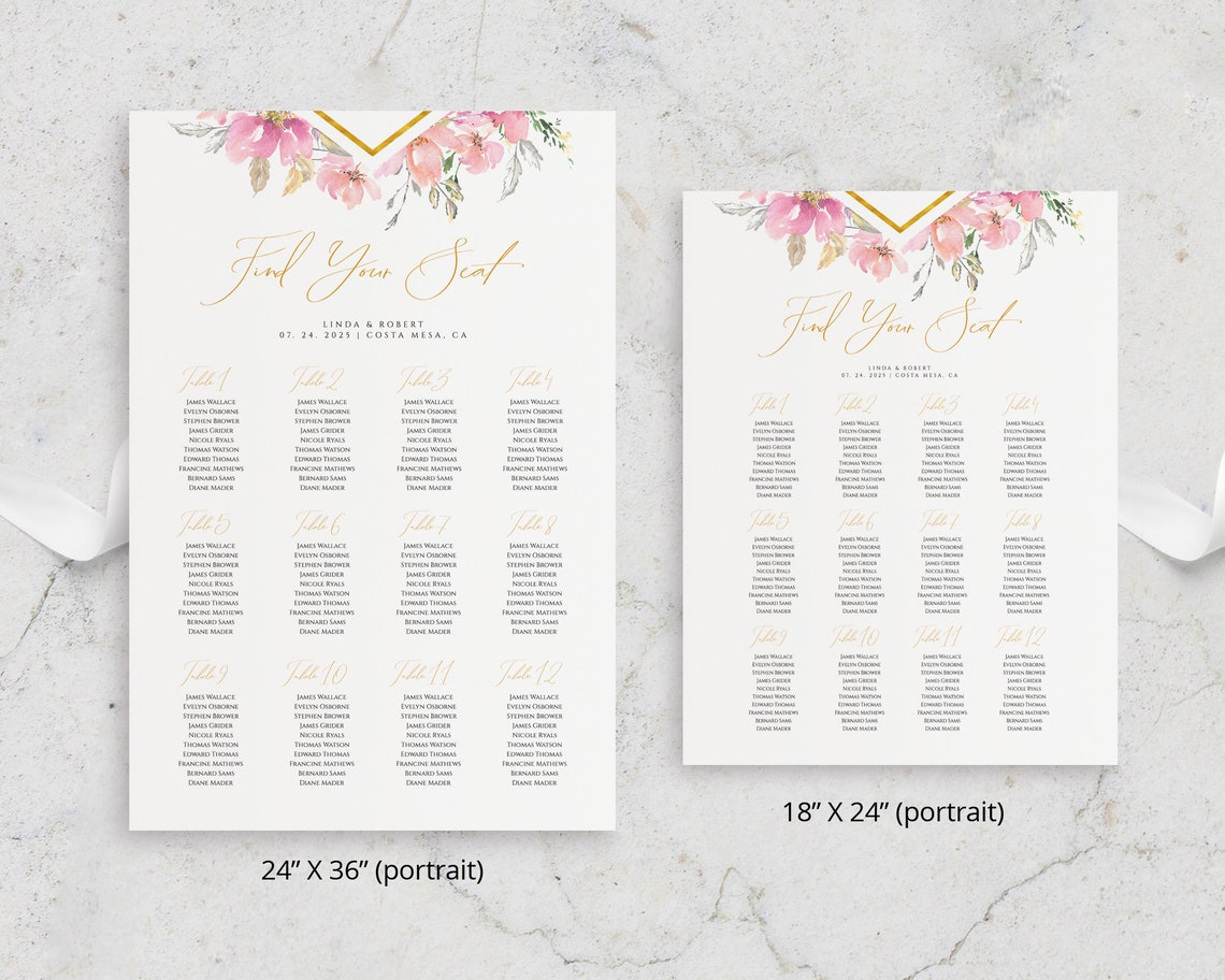 Pink Floral Seating Chart Template, Instant Download, Editable Wedding ...