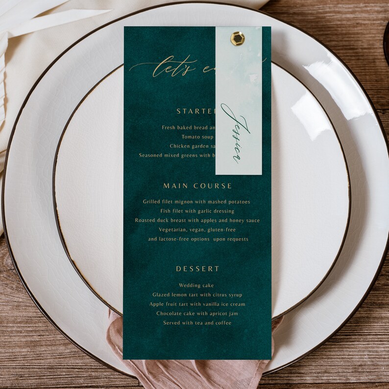Modern Menu With Place Card Guest Name Tag Emerald Green - Etsy