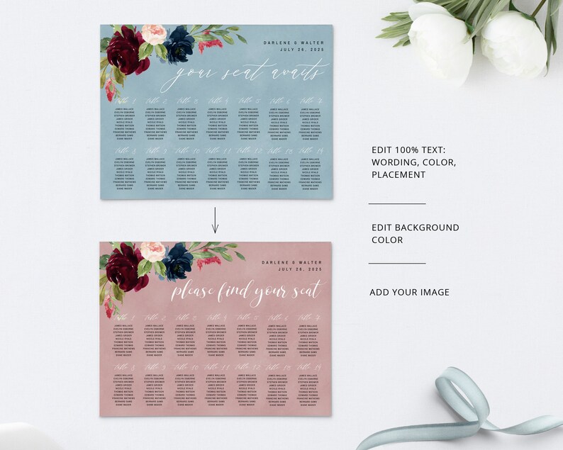 Dusty Blue Burgundy Seating Chart Template Instant Download - Etsy