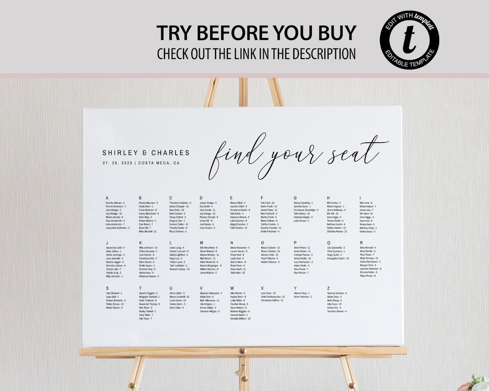Alphabetical Seating Chart Template Instant Download | Etsy