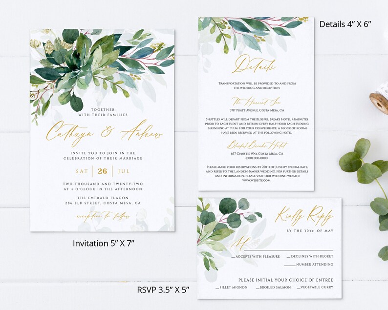 Greenery Gold Wedding Invitation, Instant Download, Printable Boho ...
