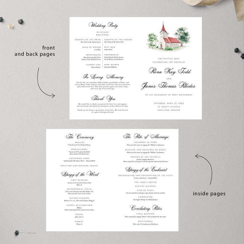 Watercolor Church Wedding Program, Catholic Wedding Program Template ...