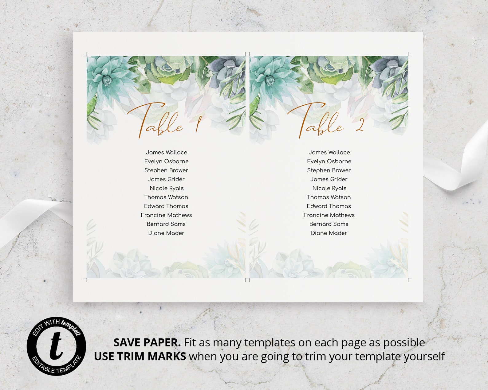Succulent Seating Chart Cards Template Instant Download | Etsy