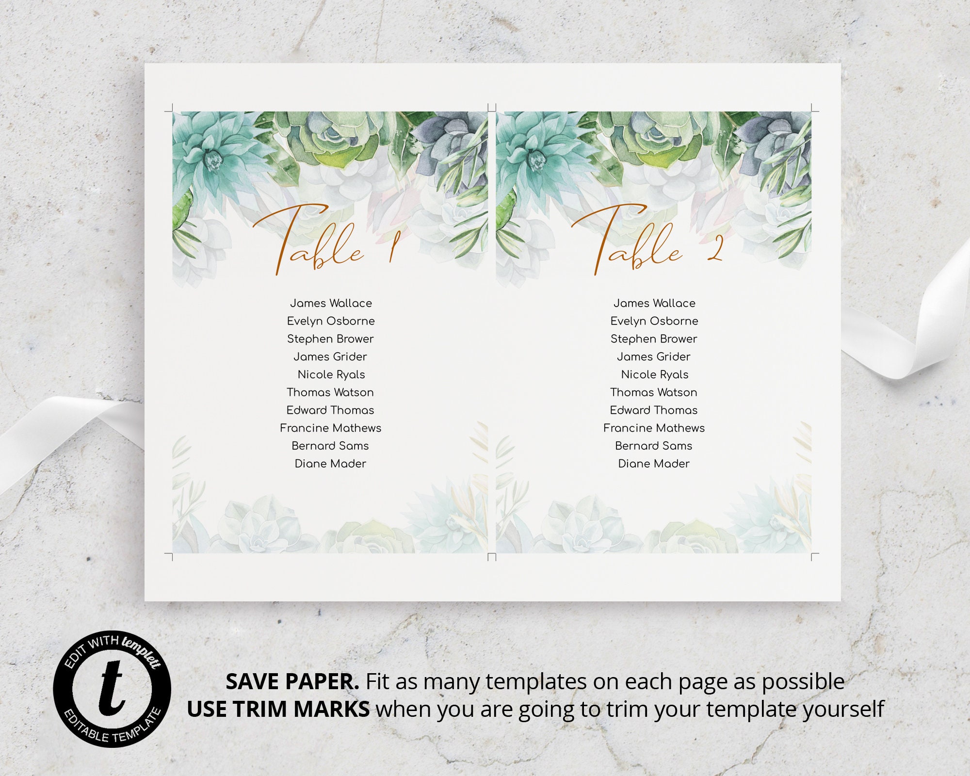 Succulent Seating Chart Cards Template, Instant Download, Editable ...
