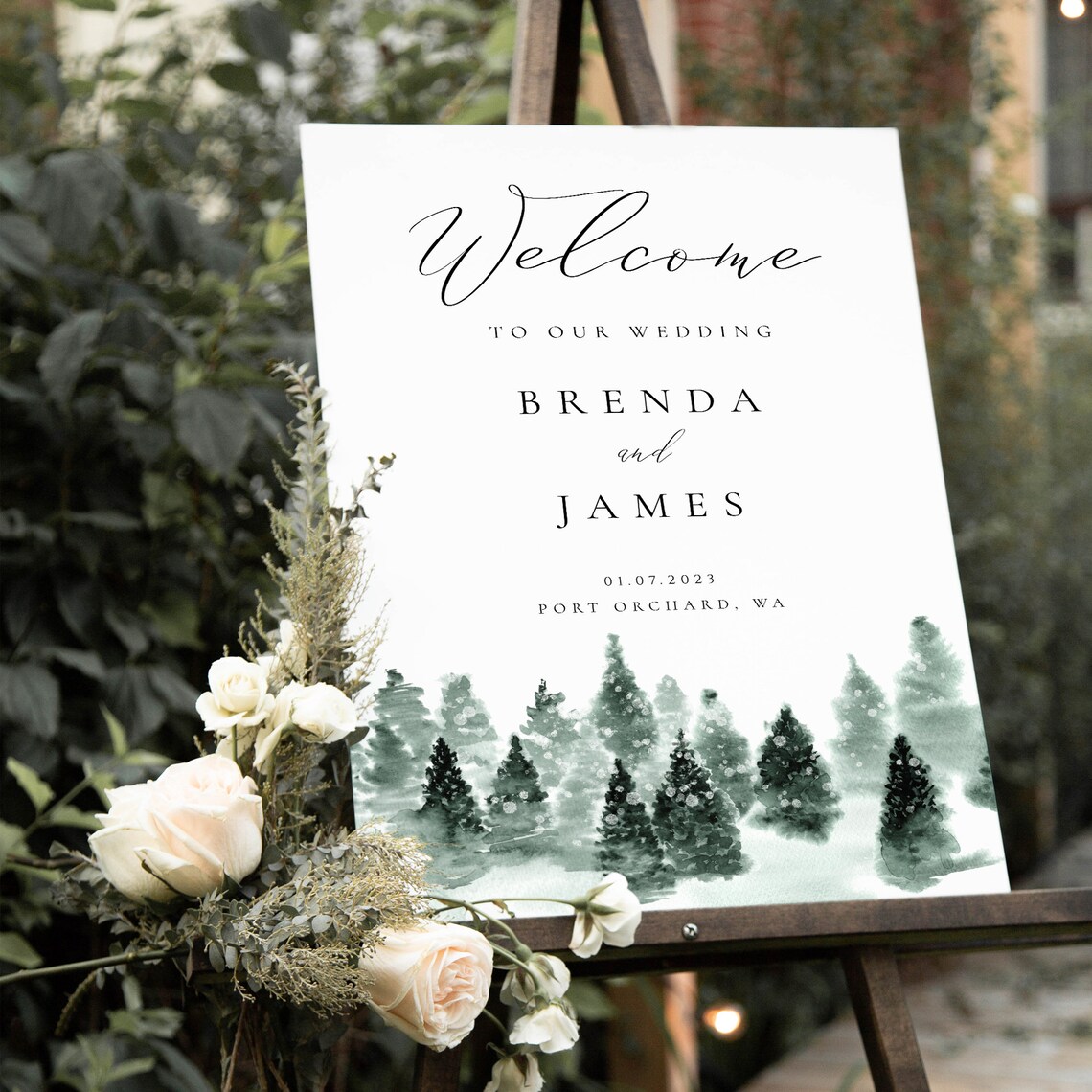 Snowy Forest Wedding Welcome Sign, Printable Wedding Sign Template ...