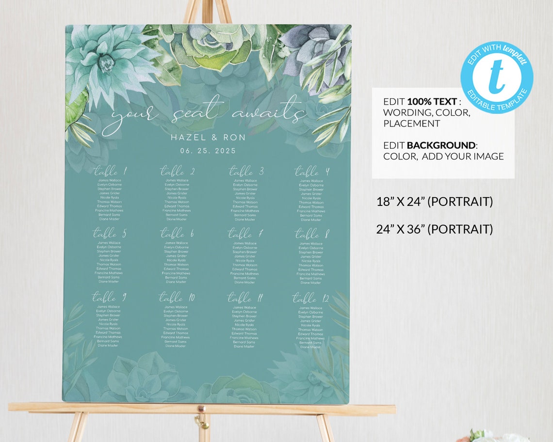 Greenery Seating Chart Template Instant Download Editable - Etsy