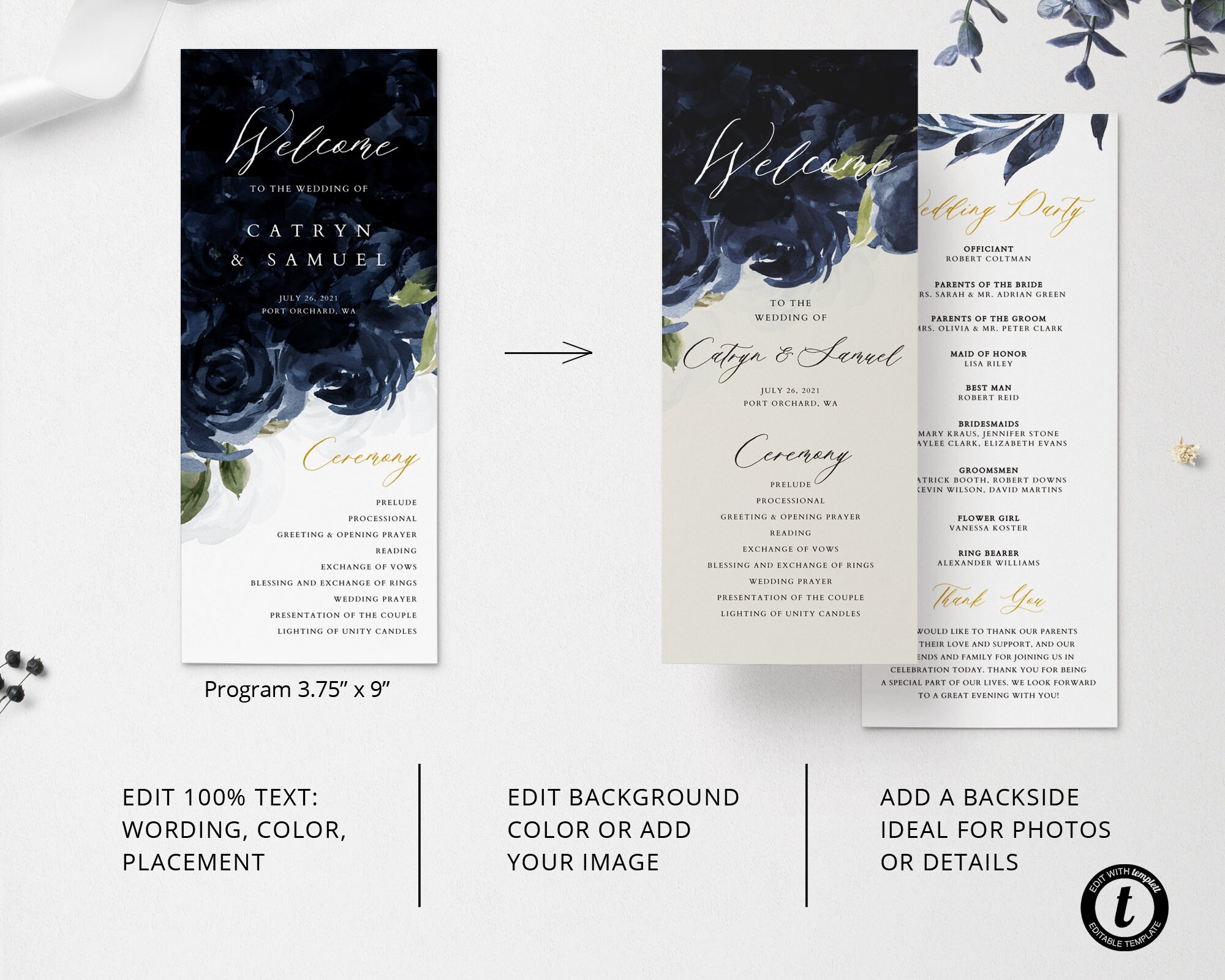 Navy Blue Wedding Program Printable Wedding Program Template - Etsy