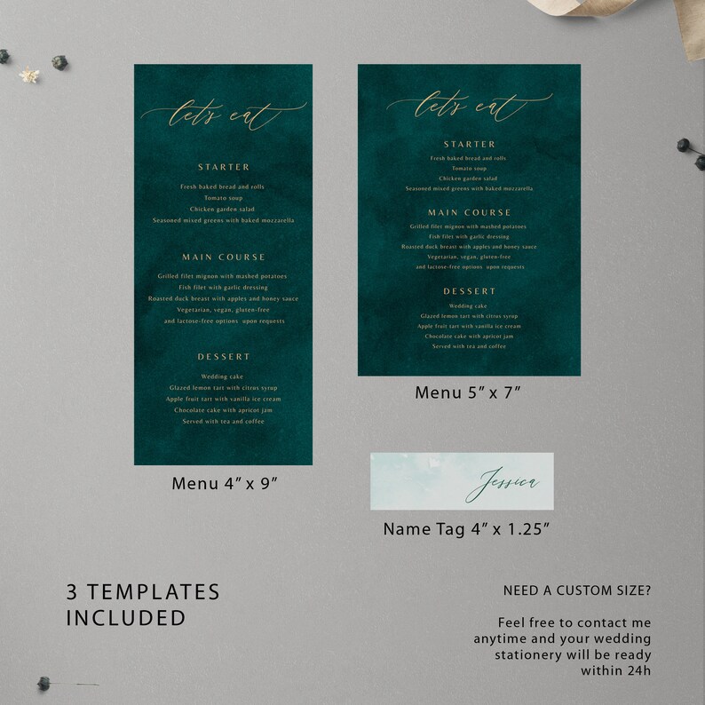 Modern Menu With Place Card, Guest Name Tag, Emerald Green Gold Wedding ...