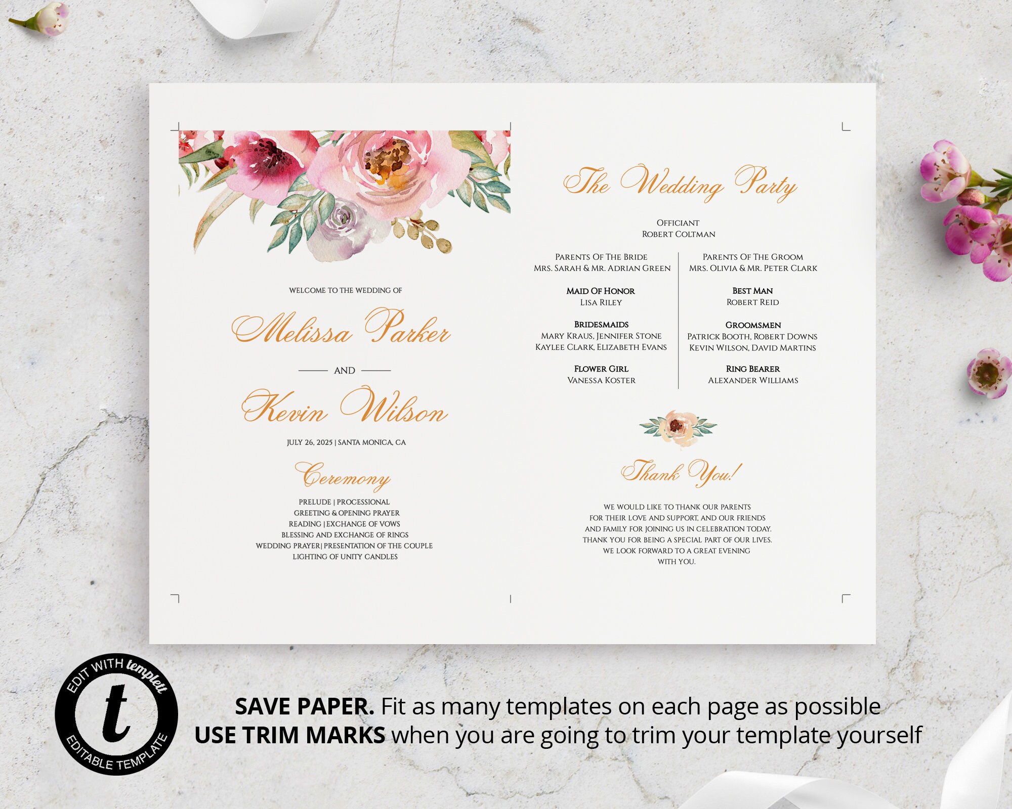 Floral Program Fan Template, Printable Wedding Program Template ...
