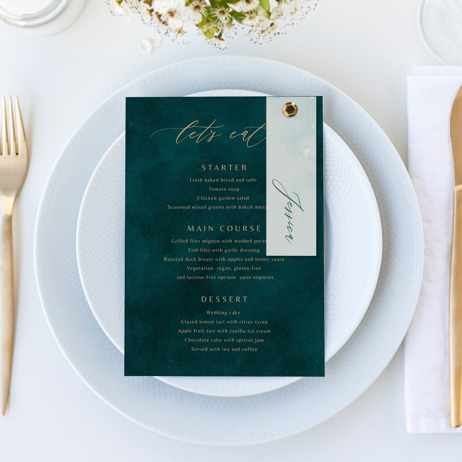 Modern Menu With Place Card Guest Name Tag Emerald Green - Etsy