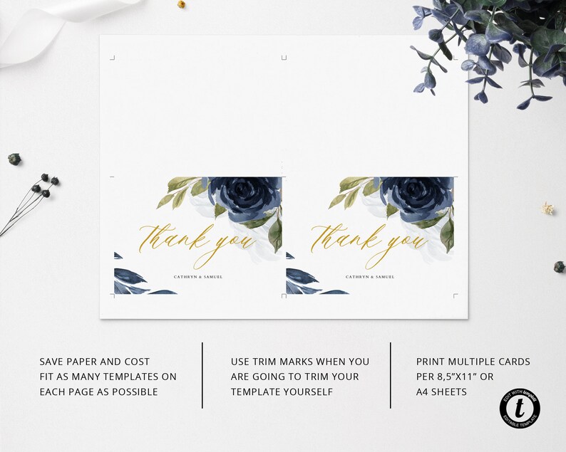 Navy Blue Thank You Card Wedding Thank You Template Instant | Etsy