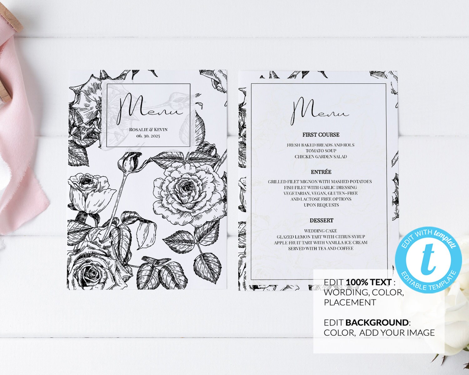 Black and White Wedding Menu Template Printable Wedding Menu | Etsy