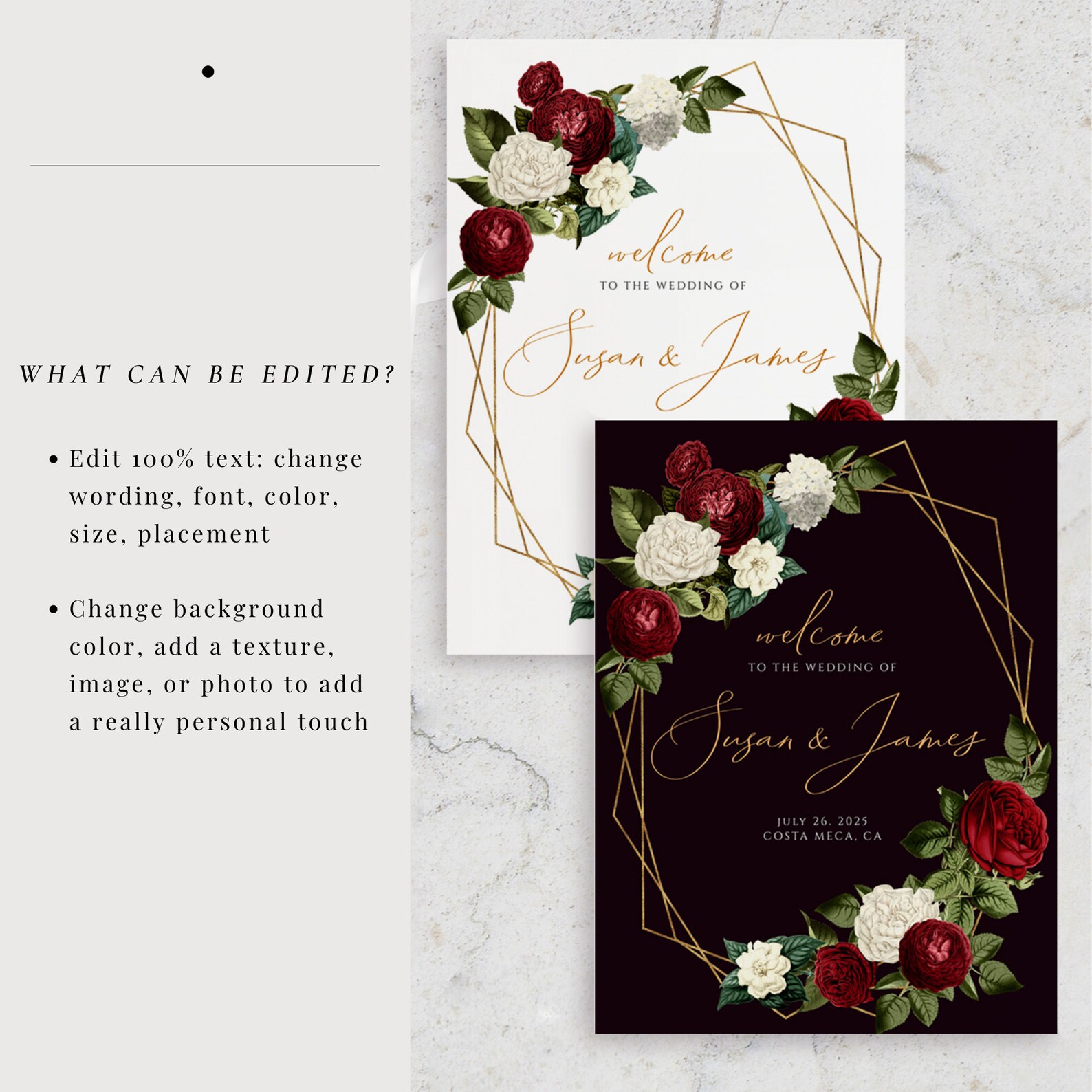 Burgundy Wedding Welcome Sign, Editable Welcome Sign Template, Instant ...