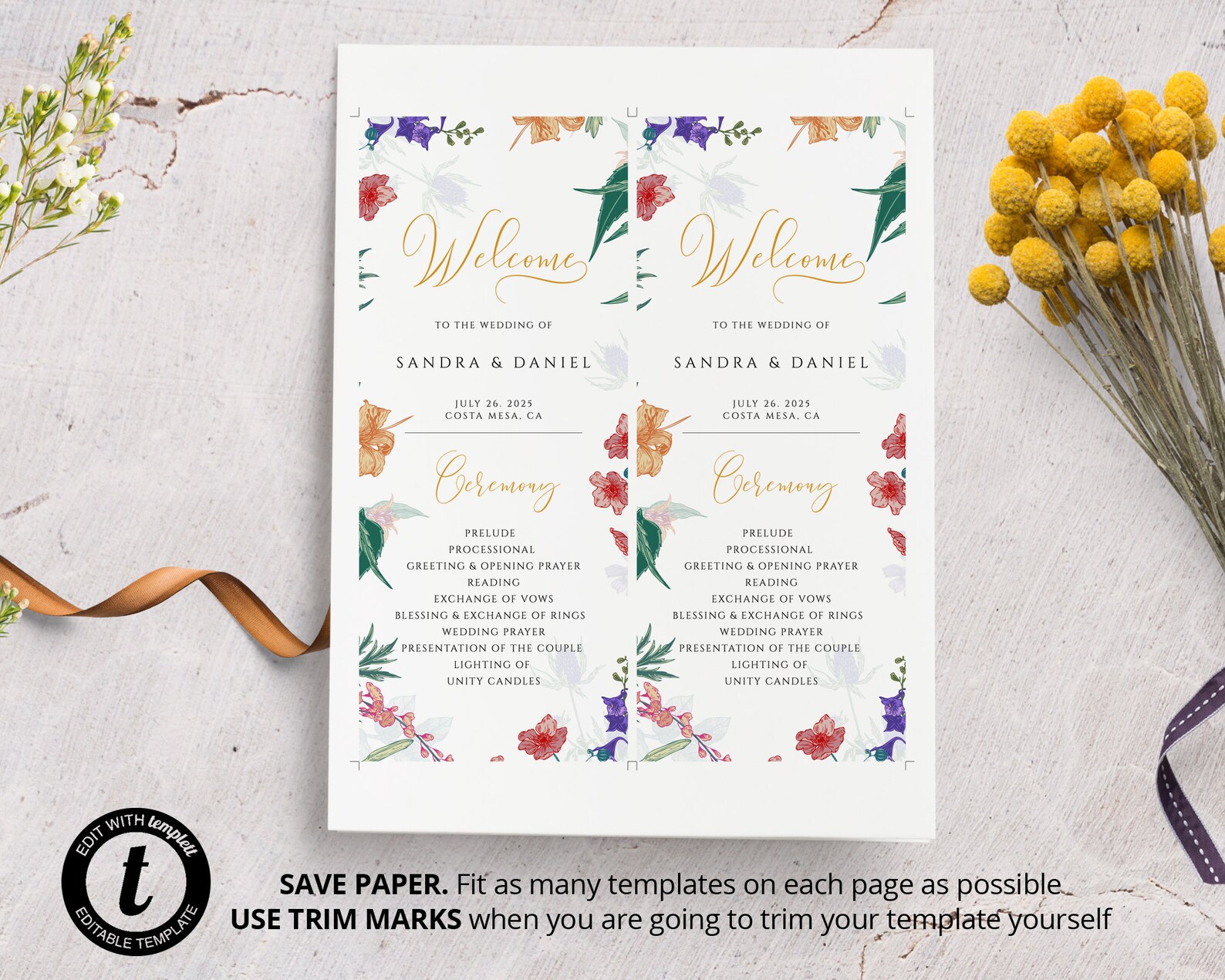 Wild Flower Wedding Program Printable Wedding Program | Etsy
