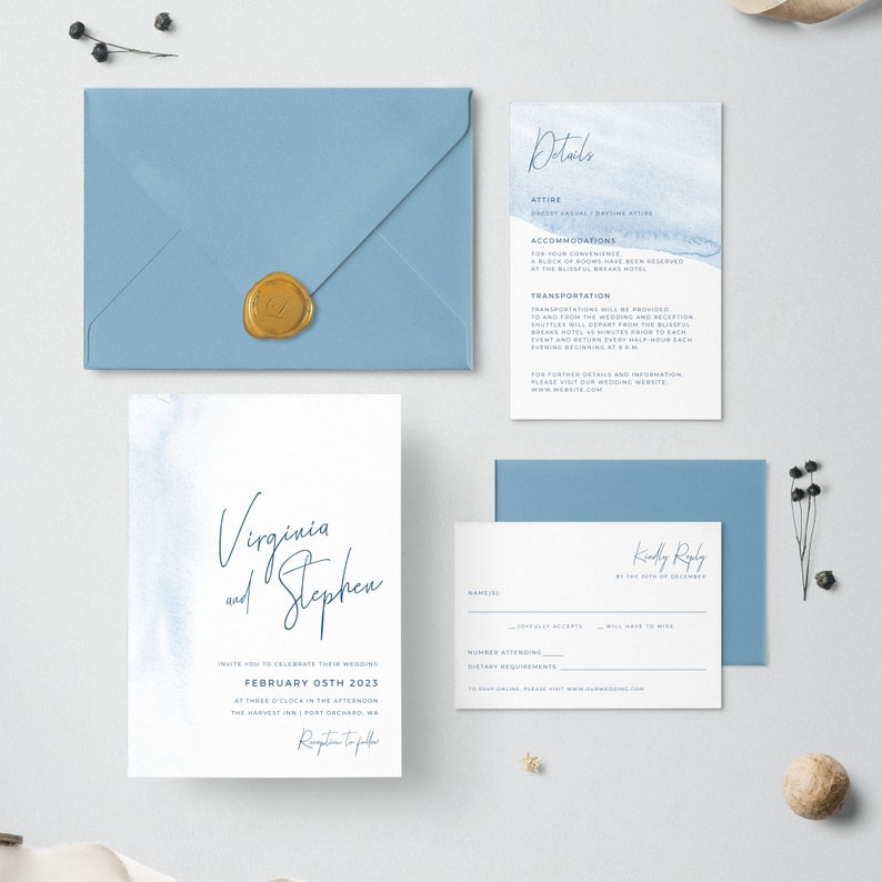 Light Blue Wedding Invitation Template Watercolor Blue - Etsy