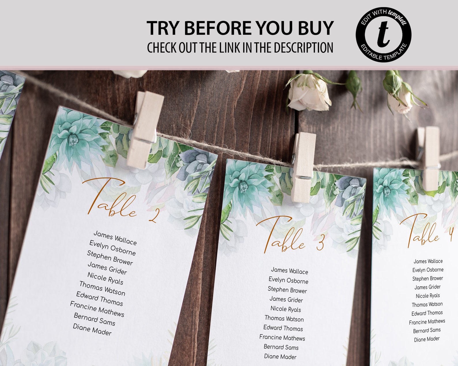 Succulent Seating Chart Cards Template, Instant Download, Editable ...