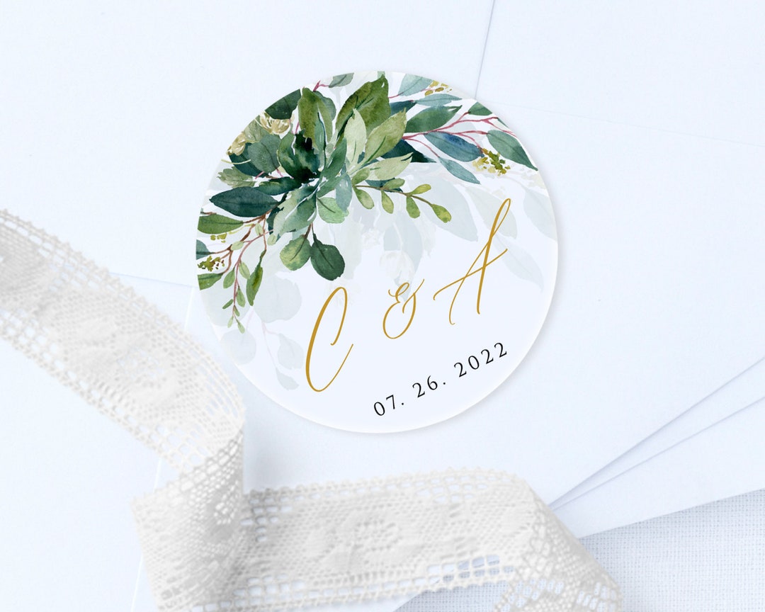 Greenery Gold Wedding Initials Stickers, Editable Favor Stickers ...