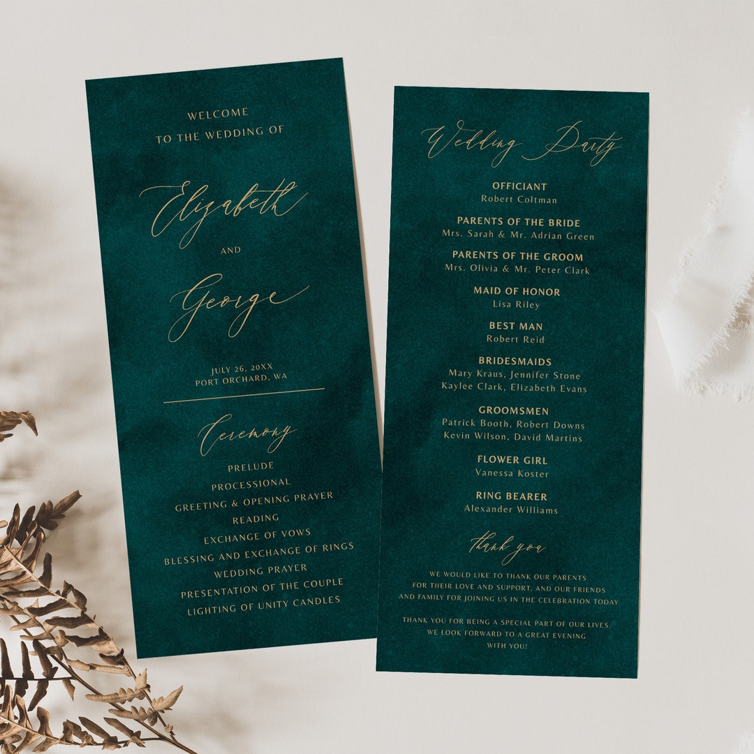 Emerald Green and Gold Wedding Program, Wedding Program Template ...