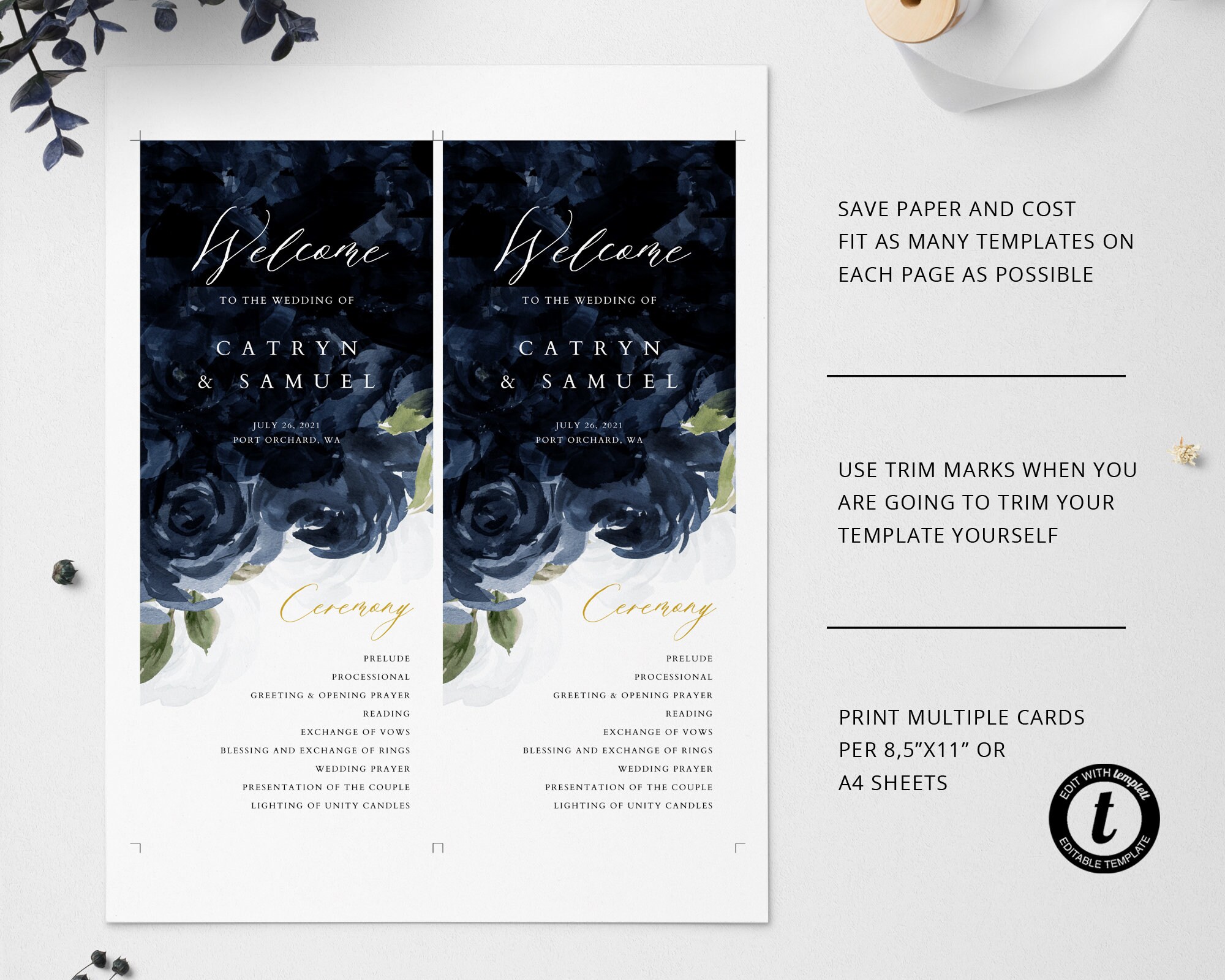 Navy Blue Wedding Program Printable Wedding Program Template | Etsy