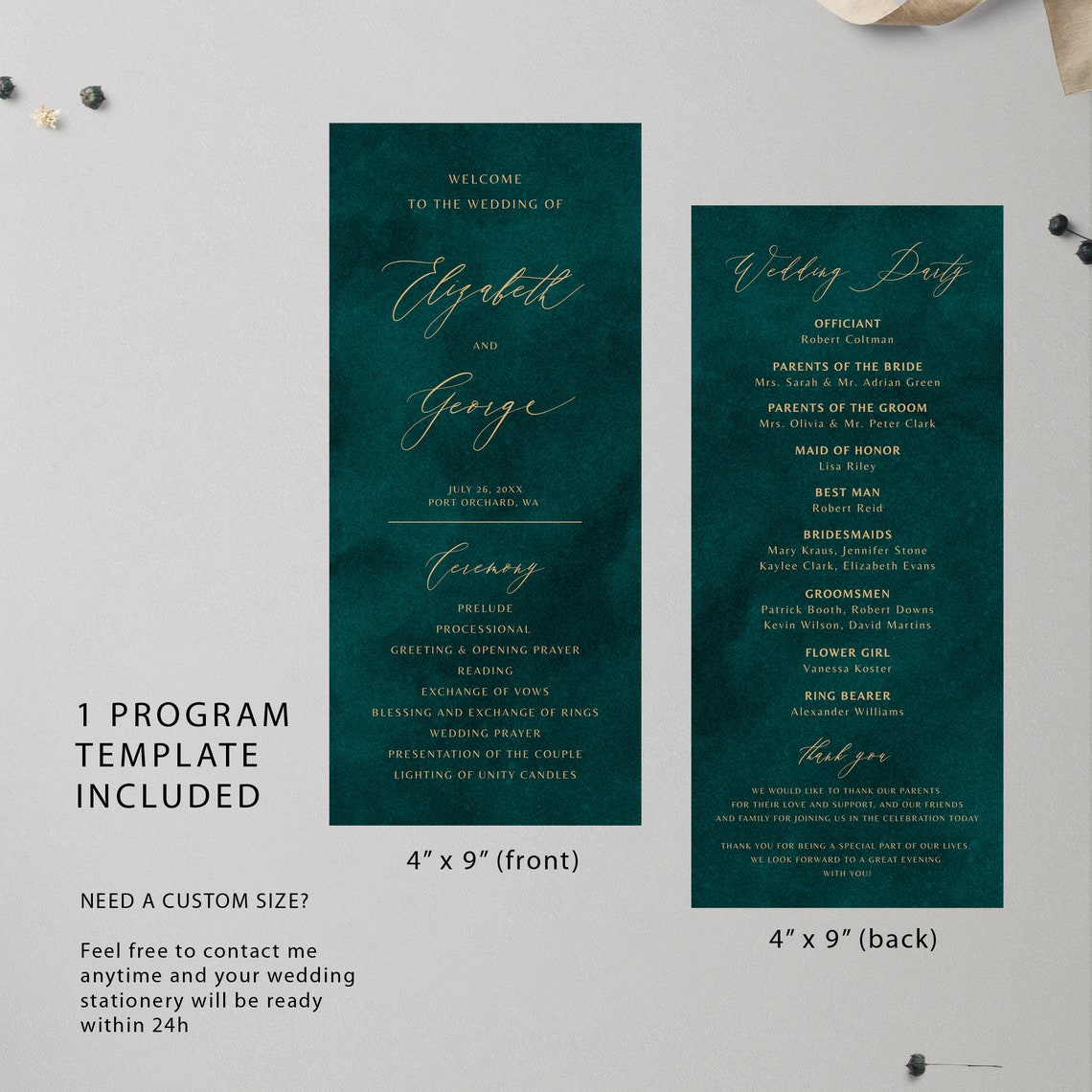 Emerald Green and Gold Wedding Program, Wedding Program Template ...