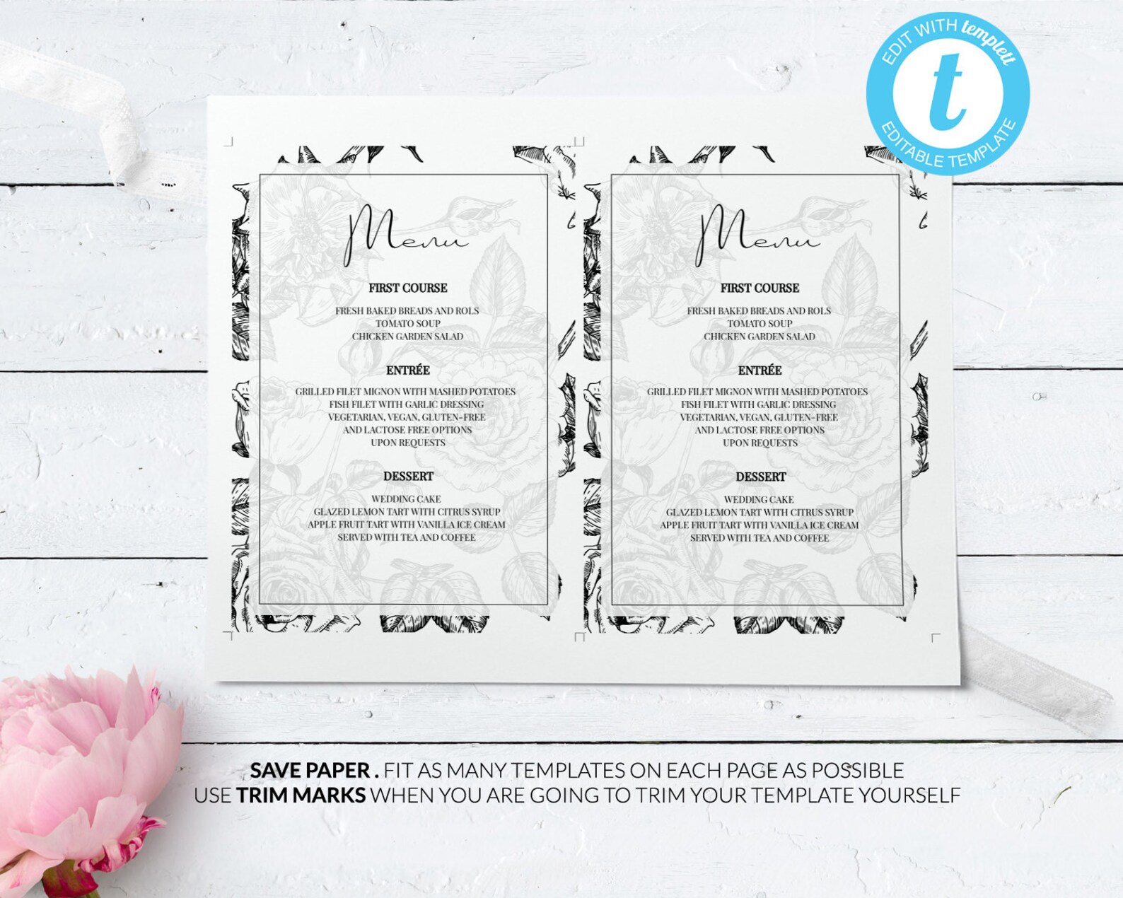 Black and White Wedding Menu Template Printable Wedding Menu | Etsy
