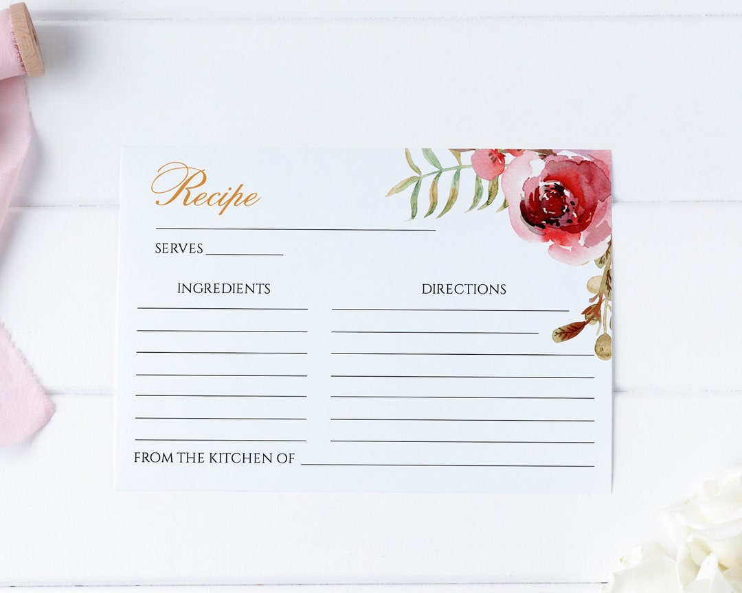Floral Recipe Card, Bridal Shower Recipe Card, Instant Download ...