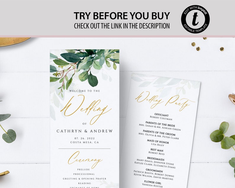 Greenery Gold Wedding Program, Printable Wedding Program Template ...