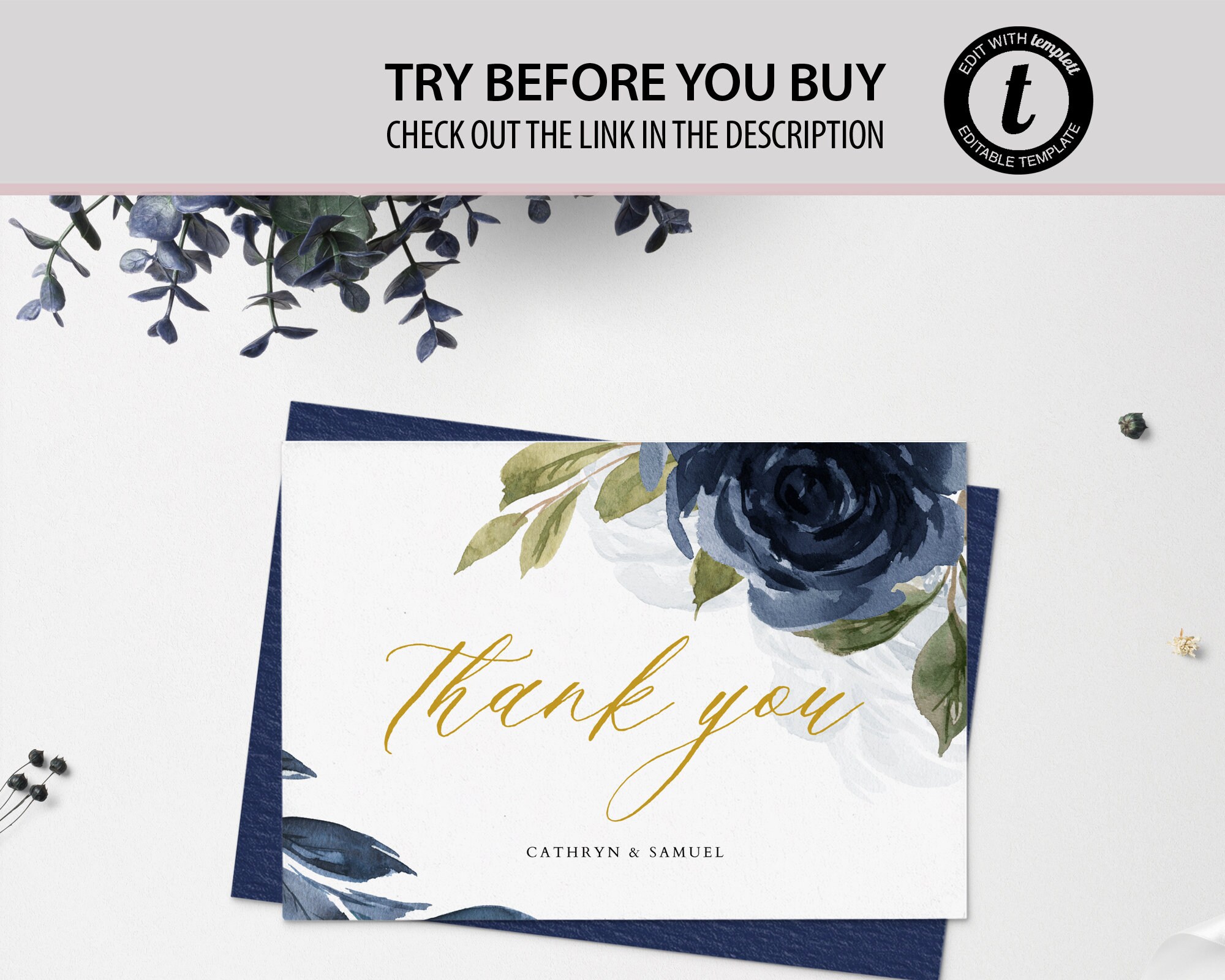 Navy Blue Thank You Card, Wedding Thank You Template, Instant Download ...