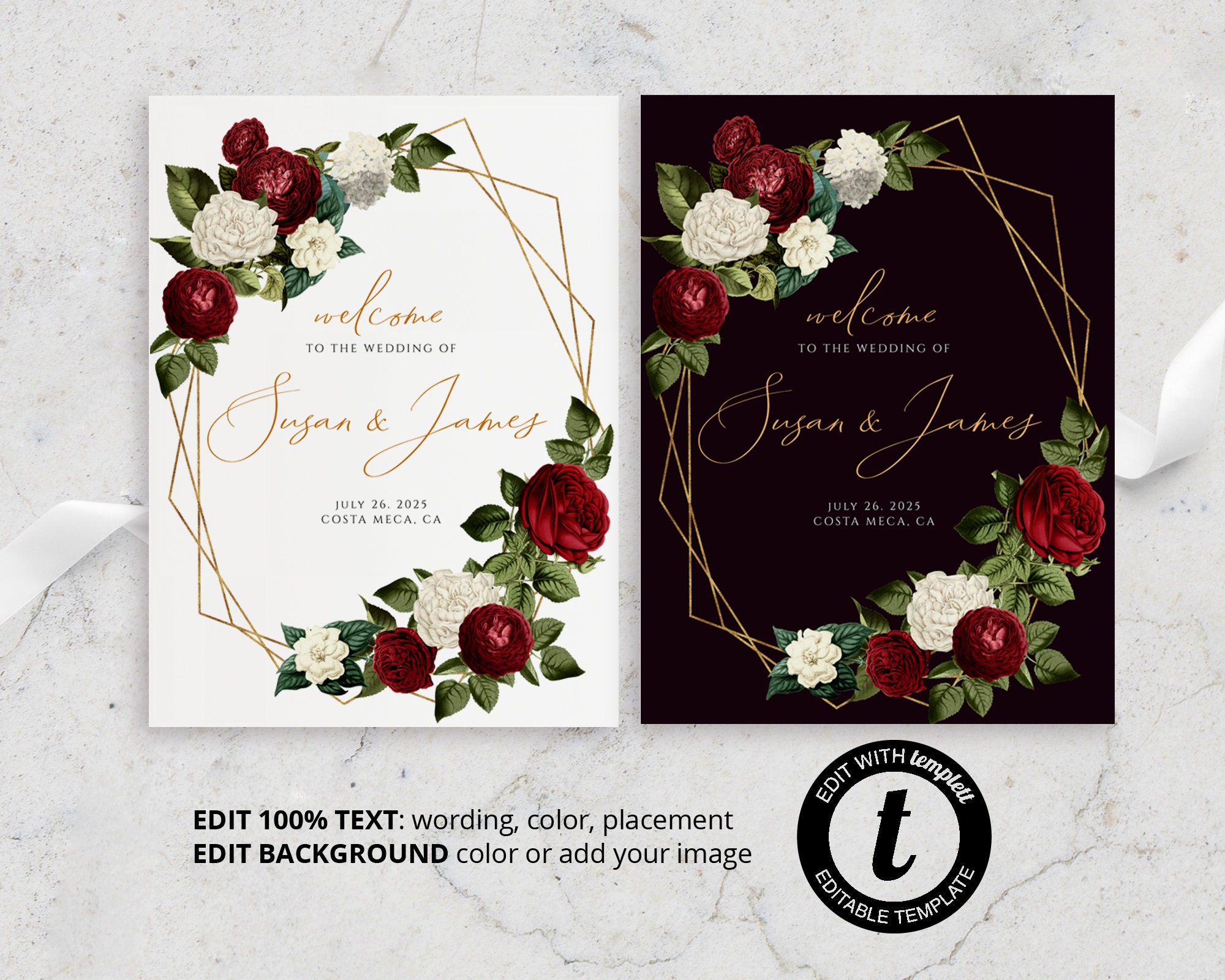 Burgundy Wedding Welcome Sign Editable Welcome Sign Template | Etsy