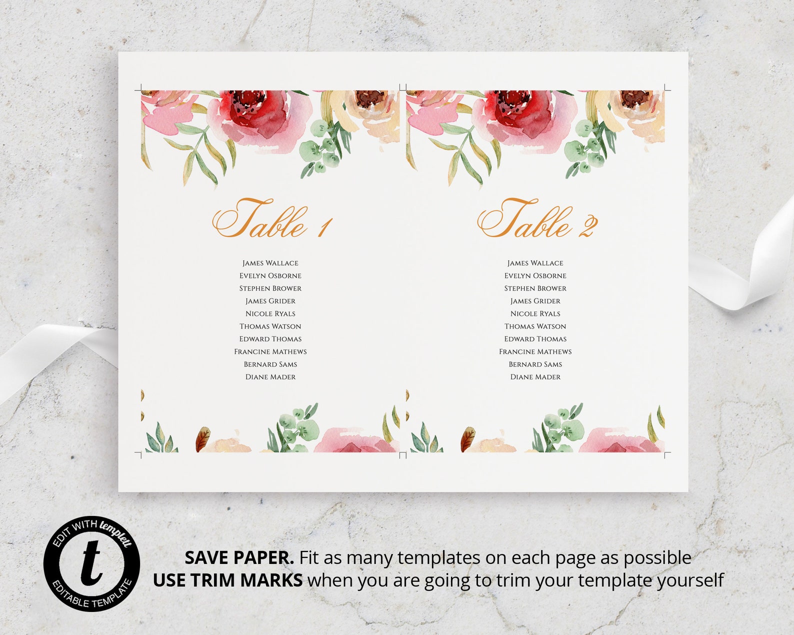 Floral Seating Chart Cards Template Instant Download | Etsy