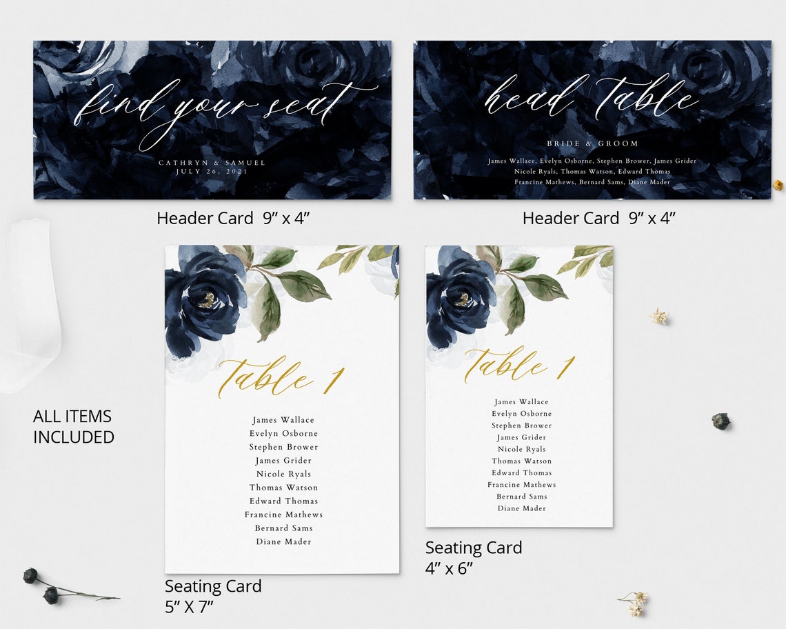 Navy Blue Seating Chart Cards, Boho Seating Cards Template, Instant ...