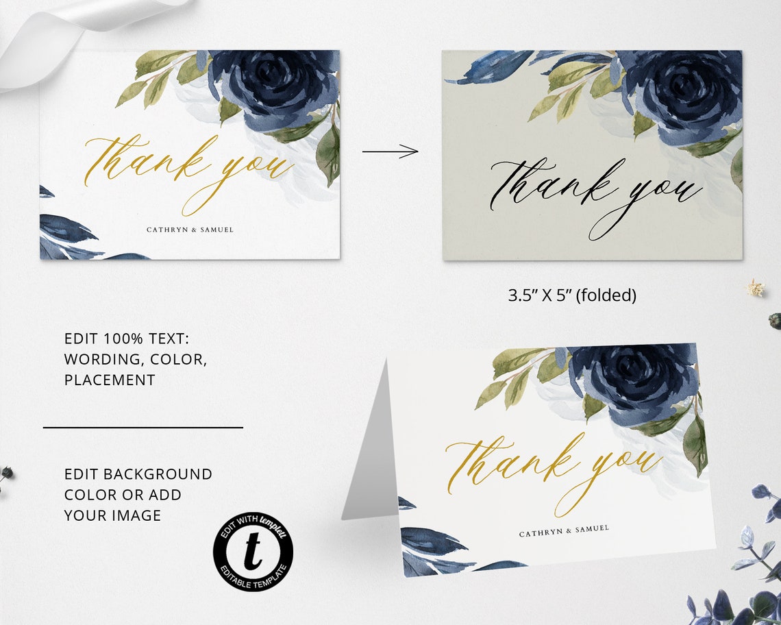 Navy Blue Thank You Card, Wedding Thank You Template, Instant Download ...