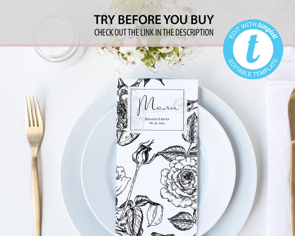 Black and White Wedding Menu Template Printable Wedding Menu | Etsy