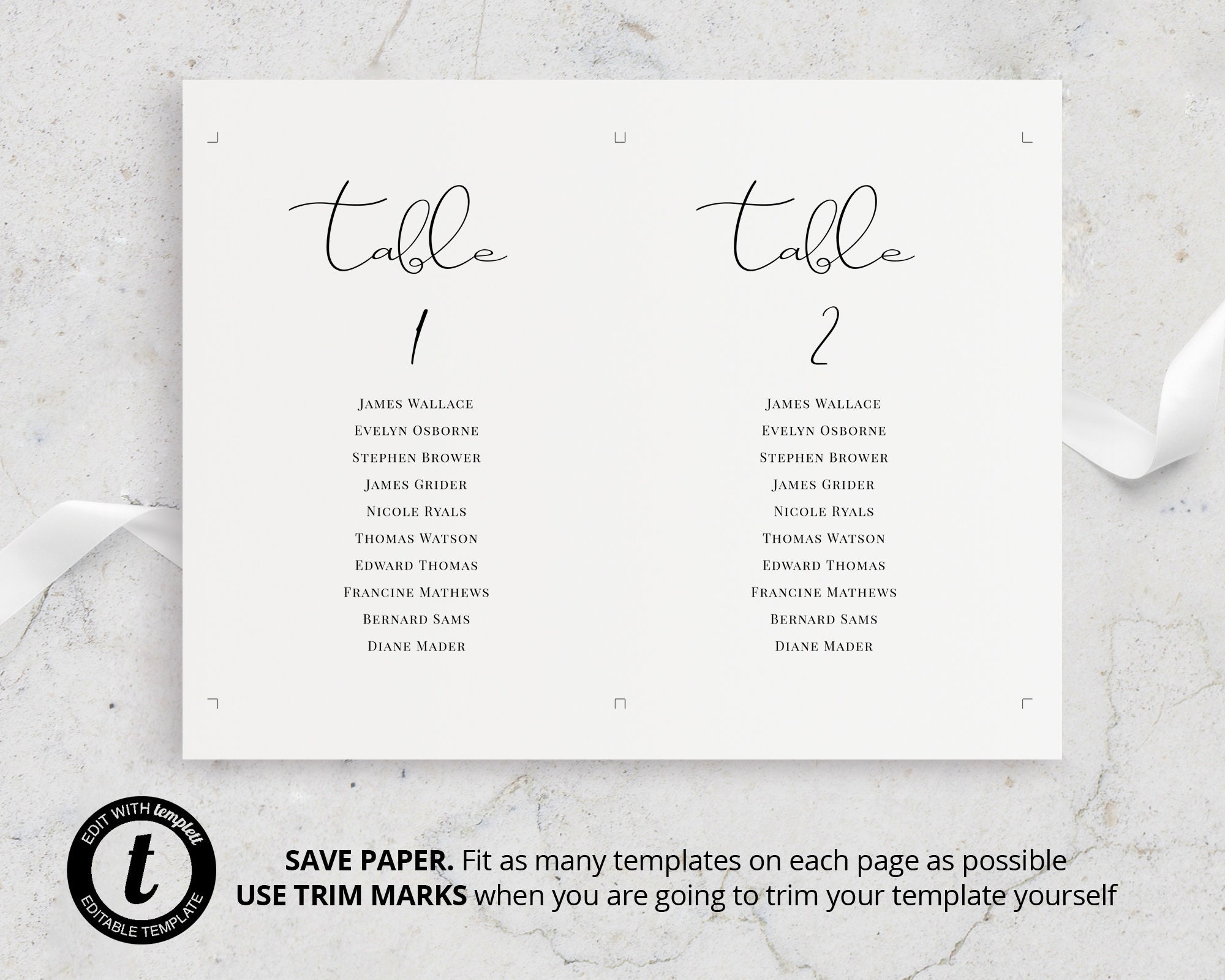 Minimalist Seating Chart Cards Instant Download Editable - Etsy